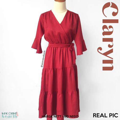 Jual Claryn Midi Dress (M-L) Terusan Kerja Lengan Pendek VNeck Wrap Rempel ALine Merah Polos ...