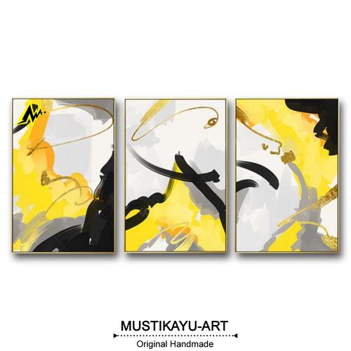 Jual lukisan kanvas abstrak kuning 40 x 60 cm 3 panel frame hiasan ...