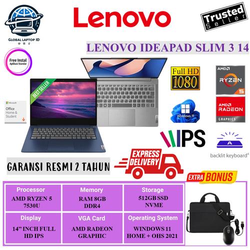 Jual RESMI Laptop Lenovo IdeaPad Slim 3 14 AMD Ryzen 5 7530U RAM 8GB 512GB SSD 14" Inch FHD IPS ...