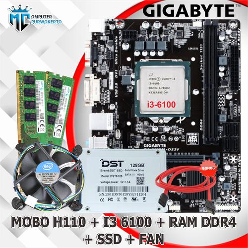 Promo Paket Mainboard H110 LGA 1151 + Processor Core i3 6100 + SSD 128GB SATA + RAM DDR4 + Fan ...