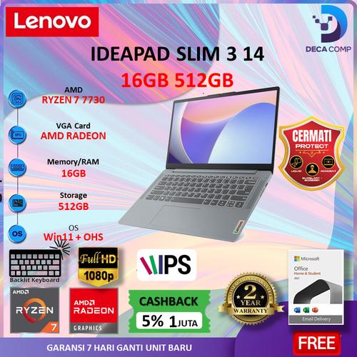 Promo Laptop LENOVO IdeaPad Slim 3 Ryzen 7-7730U 16GB 512GB 14" FHD IPS ...