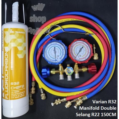 Jual PAKET ALAT PENGISIAN FREON AC RUMAH R32 MURAH MANIFOLD DOUBLE - DENGAN FREON, R22 90CM ...