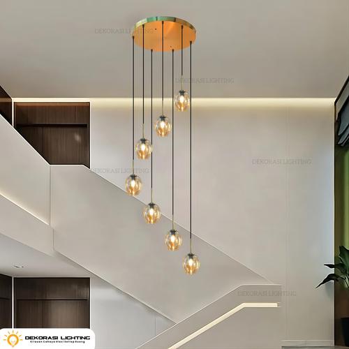 Jual Lampu gantung void tangga minimalis 7in1 body gold kaca teh ruang tamu modern dekor ...