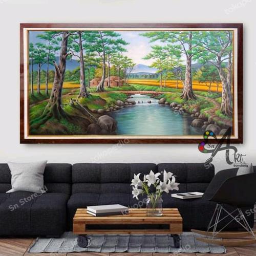 Jual lukisan pemandangan alam besar gunung sawah dan pohon realis ...