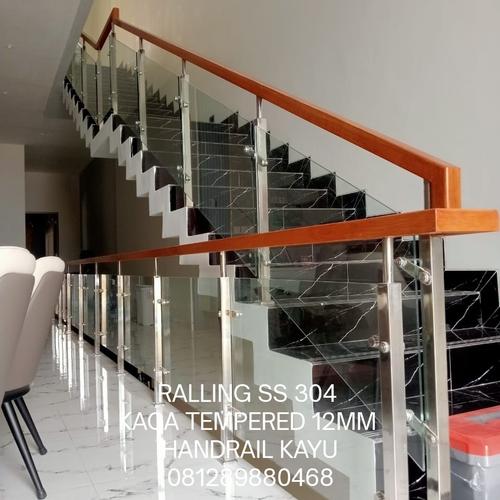 Jual Ralling tangga balkon ss304 kaca tempered 12mm handrail kayu ...