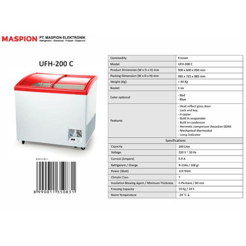Jual MASPION UFH-200C FREEZER BOX SLIDING GLASS PINTU KACA 200LT ...