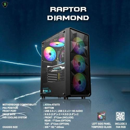 Jual Casing 3 Power Up Raptor Diamond Gaming Case Atx, M-Atx - 3 Fan ...