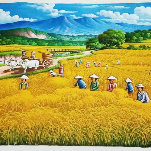 Jual Lukisan Panen Raya Dengan Gerobak Sapi Nuansa Realistis (Ukuran ...