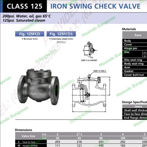 Jual Swing Check Valve KITZ 2" Inch Cast Iron Class 125s 200Wog Flange ...