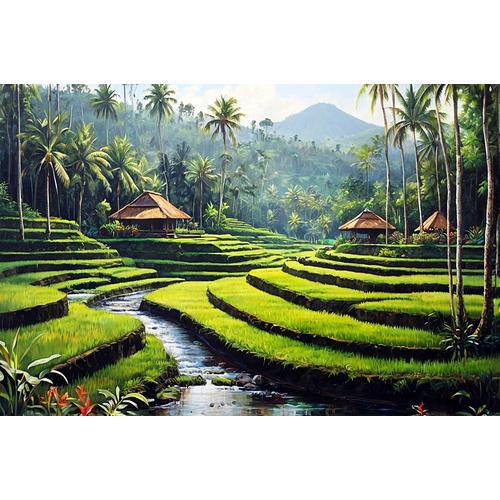 Jual Lukisan Terasering Sawah Hijau dengan Sungai, Pemandangan di Ubud ...