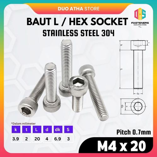 Jual Baut L M4x20 Stainless Steel 304 / Hex Socket Screw Bolt M4 x 20 SS304 - Kab. Tangerang ...
