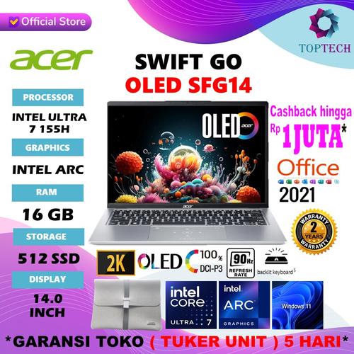 Promo ACER Swift GO OLED EVO SFG14 73 Ultra 7 155H 16GB 512GB OHS 14" 2.8K 90Hz - +Paket Lengkap ...