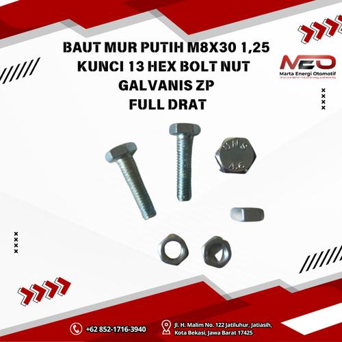 Jual BAUT MUR GALVANIS ZP M8X30 1,25 Kunci 13 HEX BOLT NUT GALVANIS ZP ...