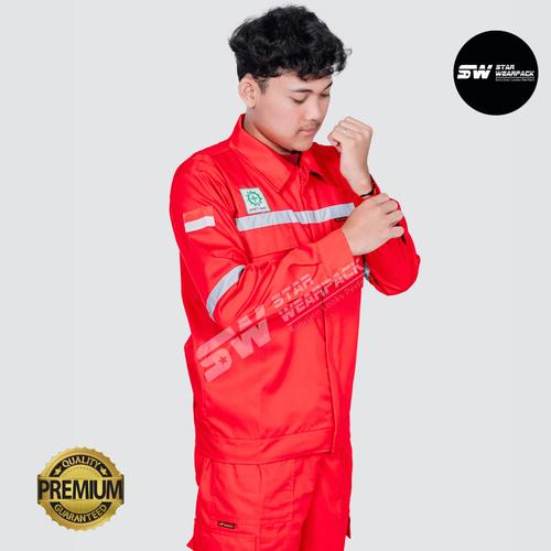 Promo Kemeja Atasan Proyek Warna Merah Polos Free Logo K3 & Bendera ...