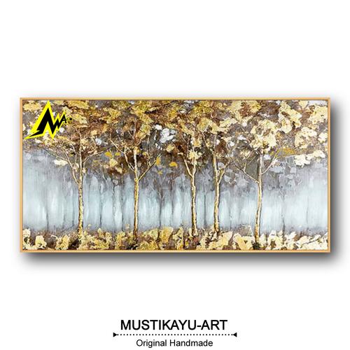 Jual lukisan abstrak modern hutan emas 60x120 cm frame hiasan dinding ...