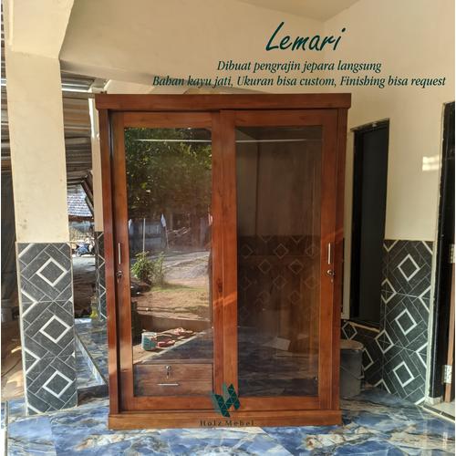 Jual LEMARI PAKAIAN 2 PINTU KACA SLIDING KAYU JATI, ALMARI BAJU SLIDING ...