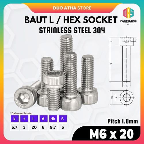 Jual Baut L M6x20 Stainless Steel 304 / Hex Socket Screw Bolt M6 x 20 ...