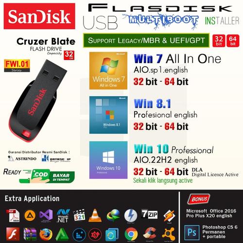 Jual USB FLASDISK MULTIBOOT INSTALLER Win 7 8.1 10 32GB USB 2.0 SUPPORT ...