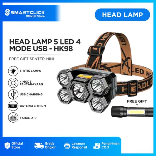 Promo Senter Kepala Super Terang Head Lamp 5 LED 4 Mode USB Charge Free ...