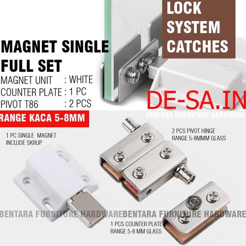 Jual (BUNDLE SET UTK KACA 8MM ) MAGNET SINGLE + PUSH + ENGSEL PIVOT JEPIT PINTU KACA 8MM KABINET ...
