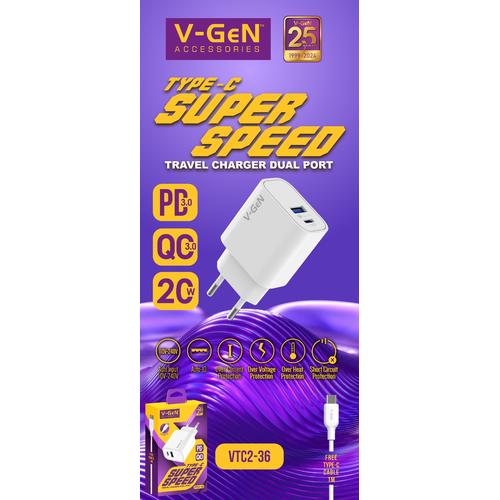 Jual Travel Charger V-GeN VTC2-36 20W Fast Charging QC3.0 PD Dual Port ...