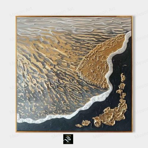 Jual lukisan abstrak pantai texture aksen emas tebal modern mewah ...