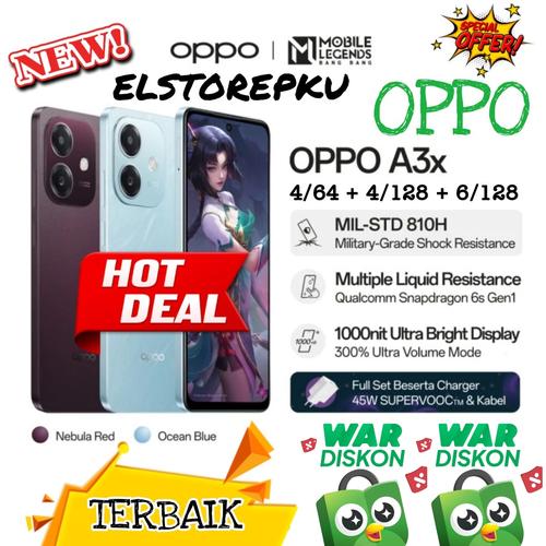 Jual Oppo A3x 6/128 + 4/128 + 4/64. Snapdragon 6s Gen1 - HP Ketahanan Grade Militer - Super VOOC ...