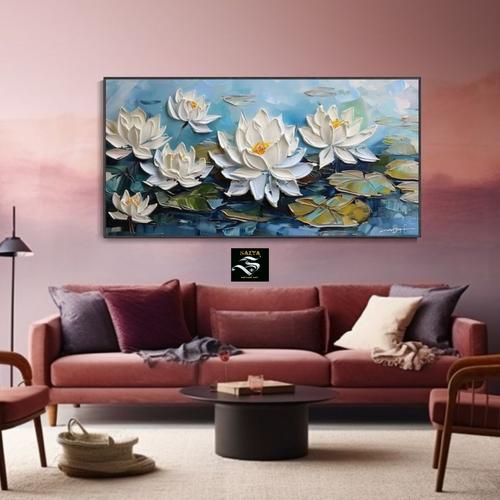 Jual lukisan Bunga Teratai Putih texture modern ukuran 100cmx200cm ...