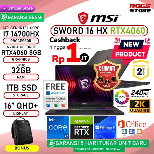 Promo MSI SWORD 16 HX B14VFKG CORE I7 14650HX RTX4060 32GB 1TB SSD W11+OHS 16.0QHD+ 240HZ ...