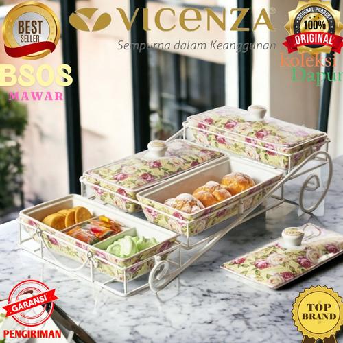Jual wadah saji prasmanan dengan rak merek VICENZA Ba808 Mawar, tersedia empat wadah persegi ...