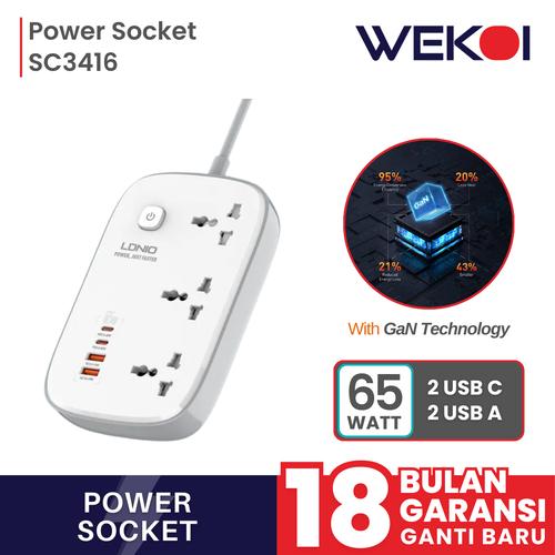 Promo Power Strip 3 Socket LDNIO SC3416 3250W GaN Charger 65W 4 USB ...