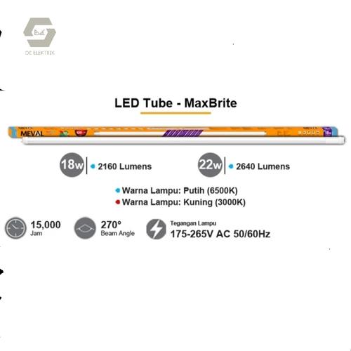 Jual Lampu TL LED T8 Tube 18w 22w 120cm Putih 6500K / Kuning 3000K MEVAL MaxBrite AT2-18A AT2 ...