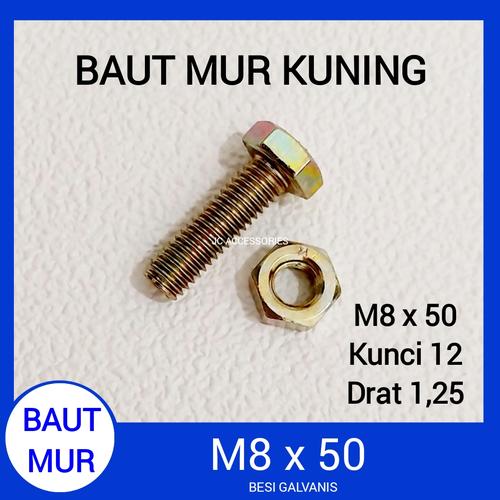 Jual BAUT MUR KUNING M8 x 50 KUNCI 12 PITCH 1,25 BMK M8x50 BAUT MUR ...