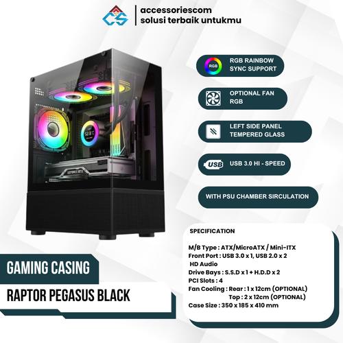 Jual Casing Gaming RAPTOR Pegasus Black ATX/M-ATX/ITX + Port USB 3.0 - Kota Surabaya ...