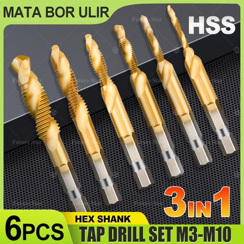 Promo Mata Bor Pembuat Ulir 6PCS Titanium Combination Drill and Tap Bit ...