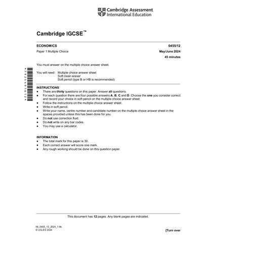 Jual IGCSE Economics 0455 2022 - 2024 May/June past papers & mark ...