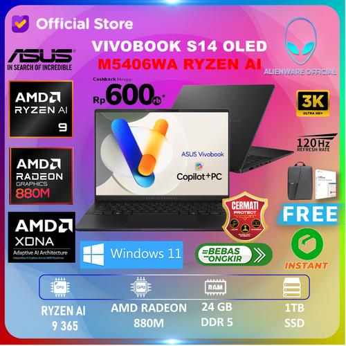Promo Asus Vivobook S14 OLED M5406WA RYZEN AI 9 365 24GB 1TB W11 13 3K 120HZ - UNIT Cicil 0% 3x ...