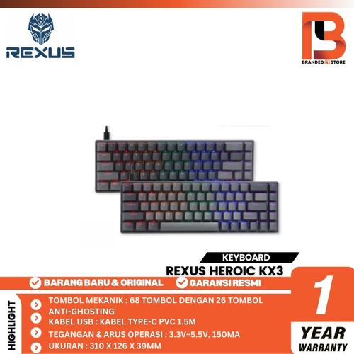 Jual REXUS HEROIC KX3 MECHANICAL Gaming Keyboard - GRY-BLK RED - Kota ...