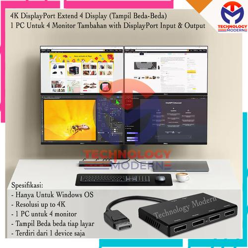 Jual 4K Displayport Extend 4 Display (Tampil Beda-Beda) 1 PC Untuk 4 ...