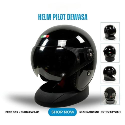 Promo Helm Retro Pilot Italy Dewasa Hitam Glossy Half Face - Hijau ...