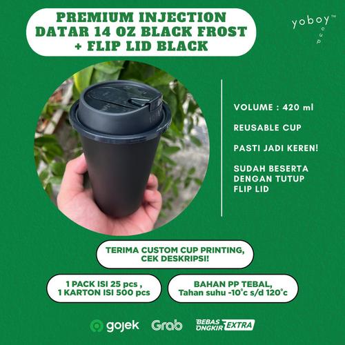Jual INJECTION CUP PREMIUM 14Oz FROST DOFF BLACK + FLIP LID HITAM/PUTIH ...