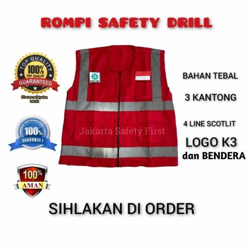 Jual Rompi Safety Drill Merah Proyek + Logo K3 Dan Bendera Indonesia ...
