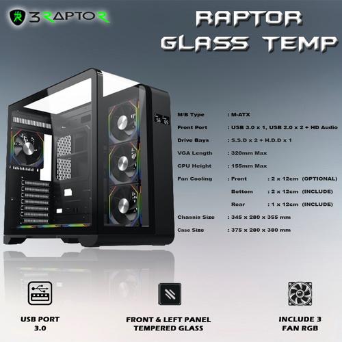 Promo Casing Gaming Raptor Glass Temp Series Free 3 Fan RGB - Hitam ...