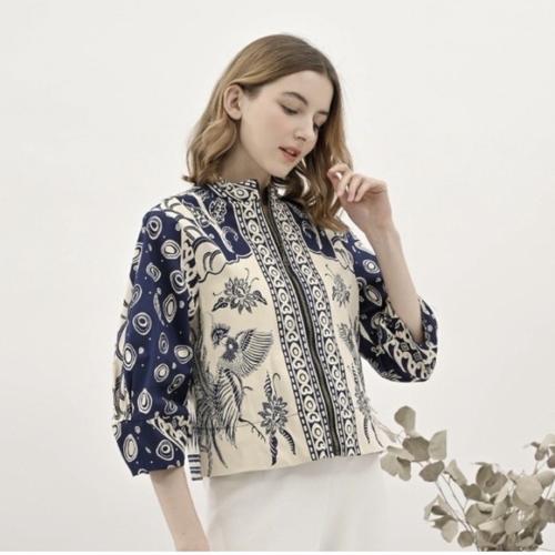 Jual Bomber jaket batik wanita modern / luaran batik navy motif bangau ...