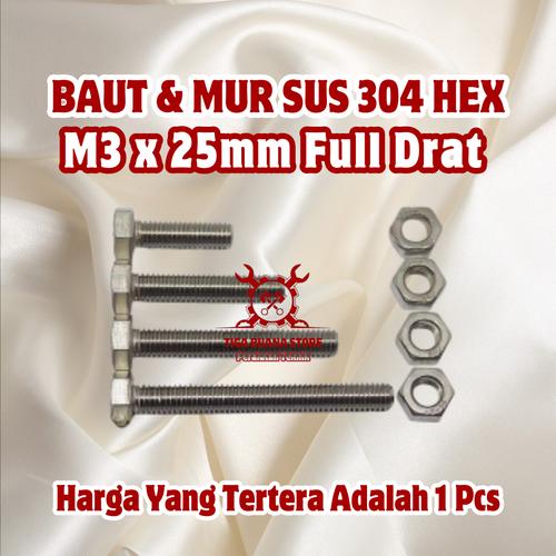 Jual BAUT MUR M3 x 25mm STAINLESS / SUS 304 FULL DRAT - Kab. Tangerang ...