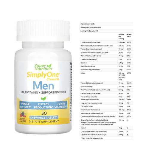 Jual Super Nutrition, SimplyOne, Men’s Multivitamin + Supporting Herbs, Wild-Berry, 30 Chewable ...