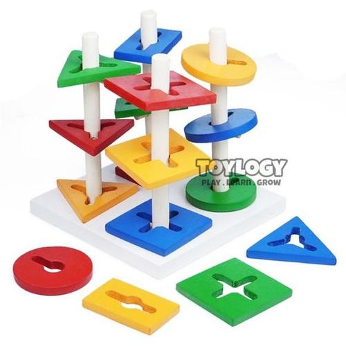 Jual Mainan Kayu Edukasi Anak Menara Susun Geometri Puzzle Bentuk Shape ...