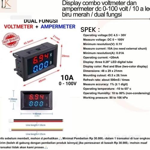 Jual Display combo voltmeter dan ampermeter dc 0-100 volt / 10 a led biru merah / dual fungsi ...