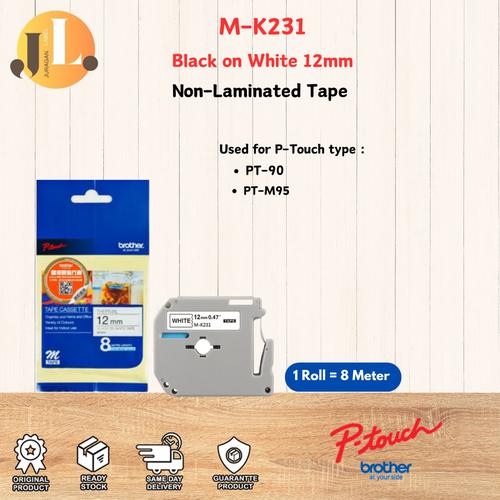 Jual Brother Label M-K231 12mm Hitam Putih Non-Laminated Tape 8 Meter ...