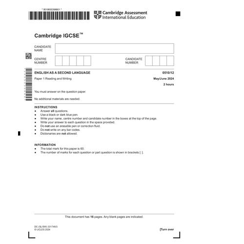 Jual IGCSE English 0510 2024 May/June past papers & mark schemes ...